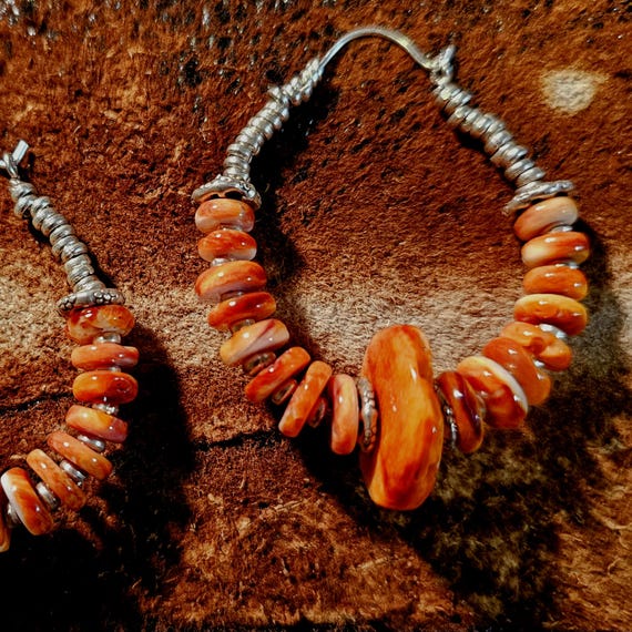 Orange Spiny Oyster Artisan Sterling Hoop Earrings Vi… - Gem