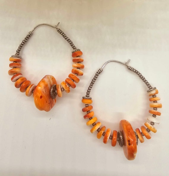 Orange Spiny Oyster Artisan Sterling Hoop Earrings Vi… - Gem