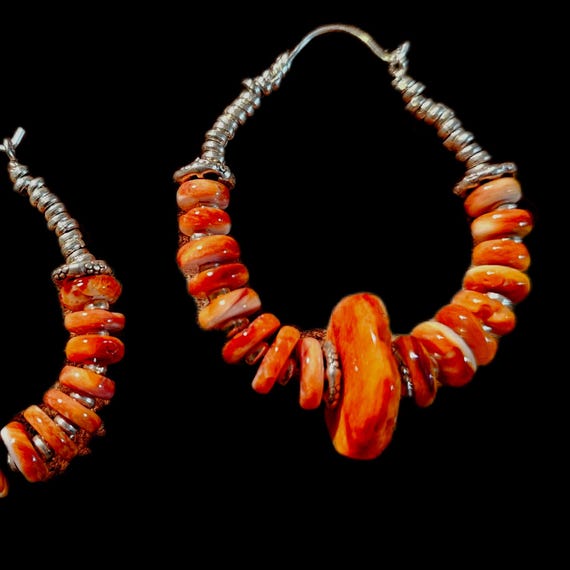Orange Spiny Oyster Artisan Sterling Hoop Earrings Vi… - Gem