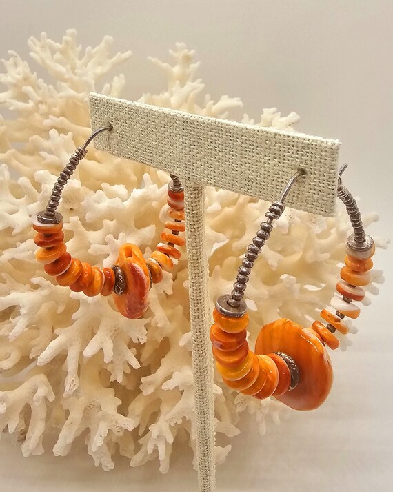 Orange Spiny Oyster Artisan Sterling Hoop Earrings Vi… - Gem