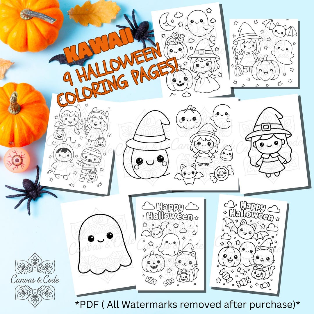 9 Kawaii Halloween Colouring Pages PDF - Etsy