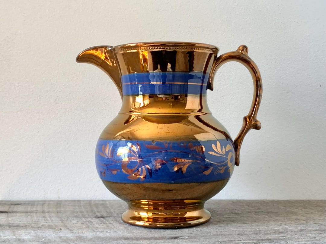 Large English Copper Luster Pitcher With Blue Bands - Etsy
