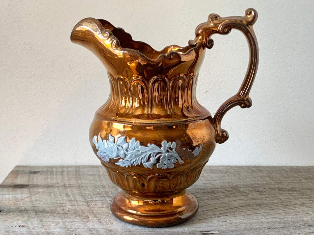 Copper Luster Ware Pitcher With Blue Flowers-english-large - Etsy