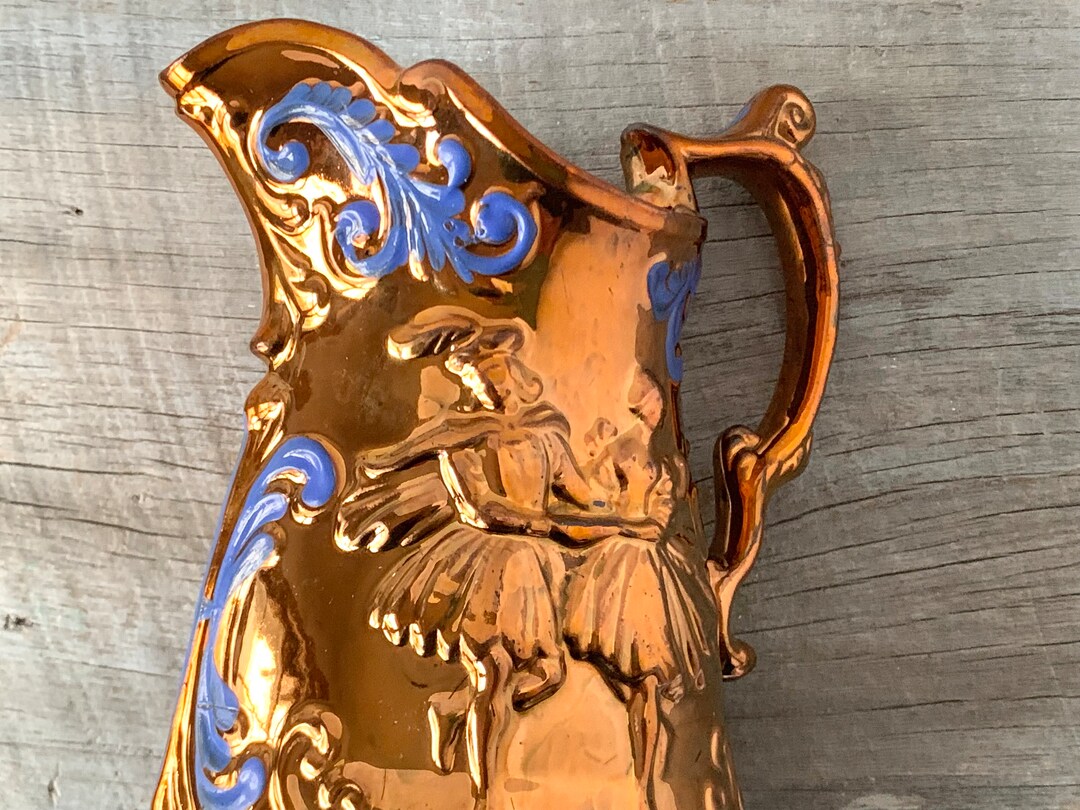 Large English Copper Luster Ware Pitcher With Dancers and Blue Design ...