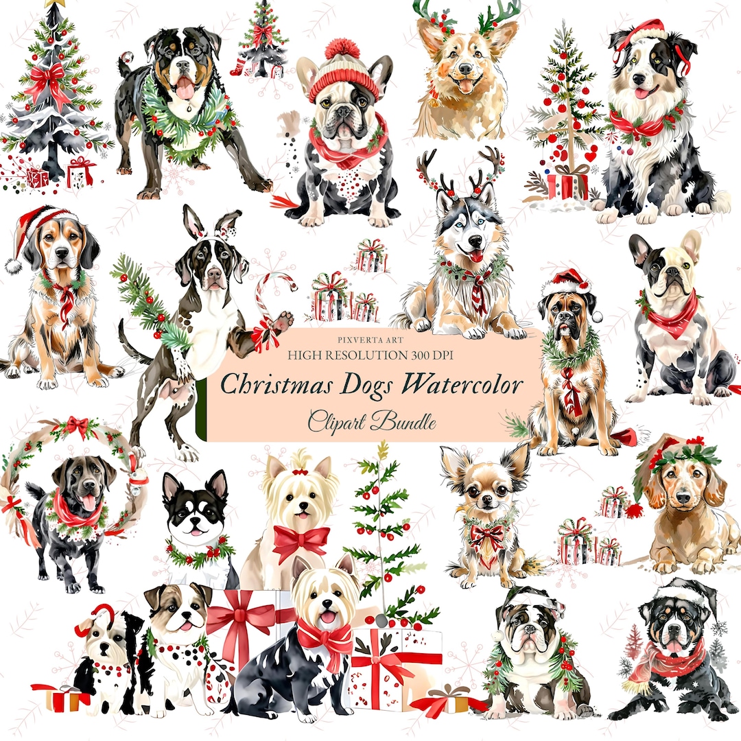 Christmas Dogs Watercolor Clipart Bundle: Holiday Puppy PNG (digital ...