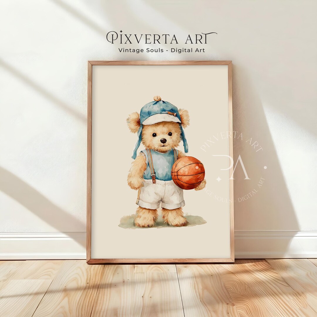 Vintage Teddy Bear Basketball Art Print, Sports Nursery Decor Kids Room ...