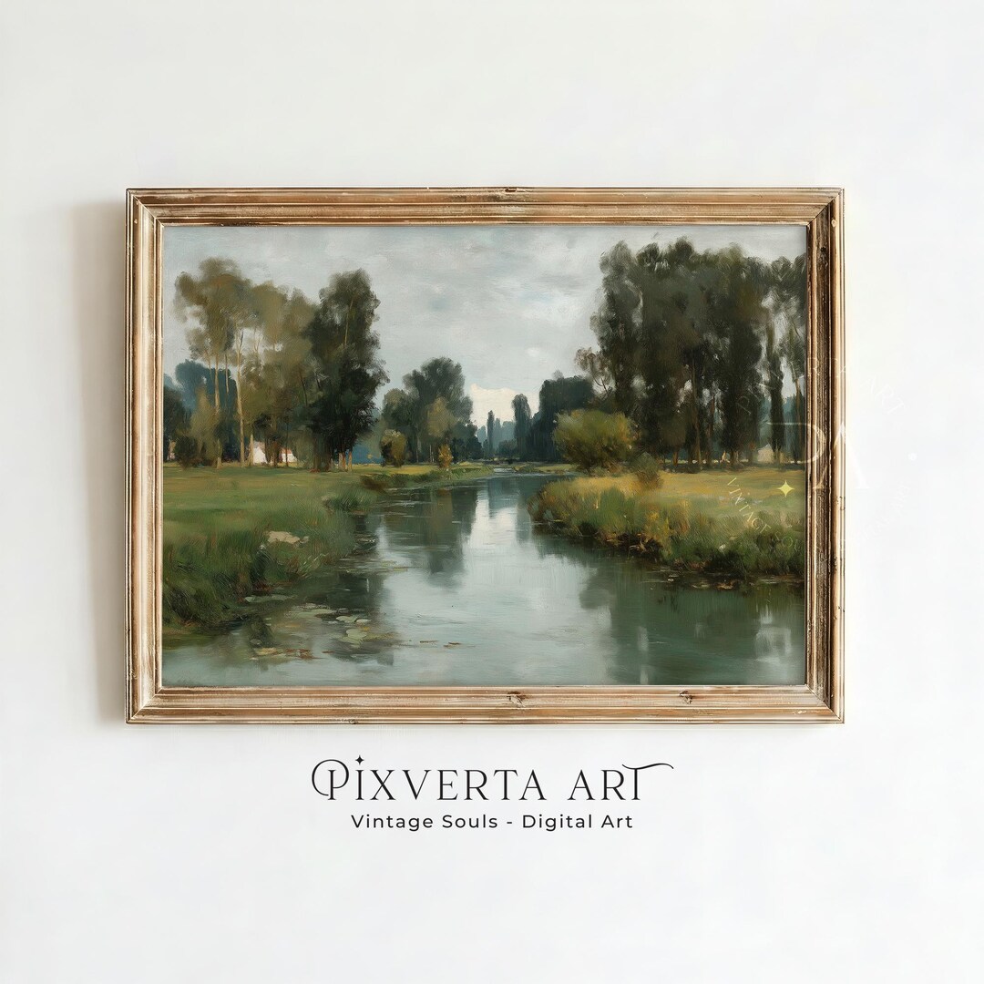 Vintage River Landscape Art Print, Countryside Oil Painting ...