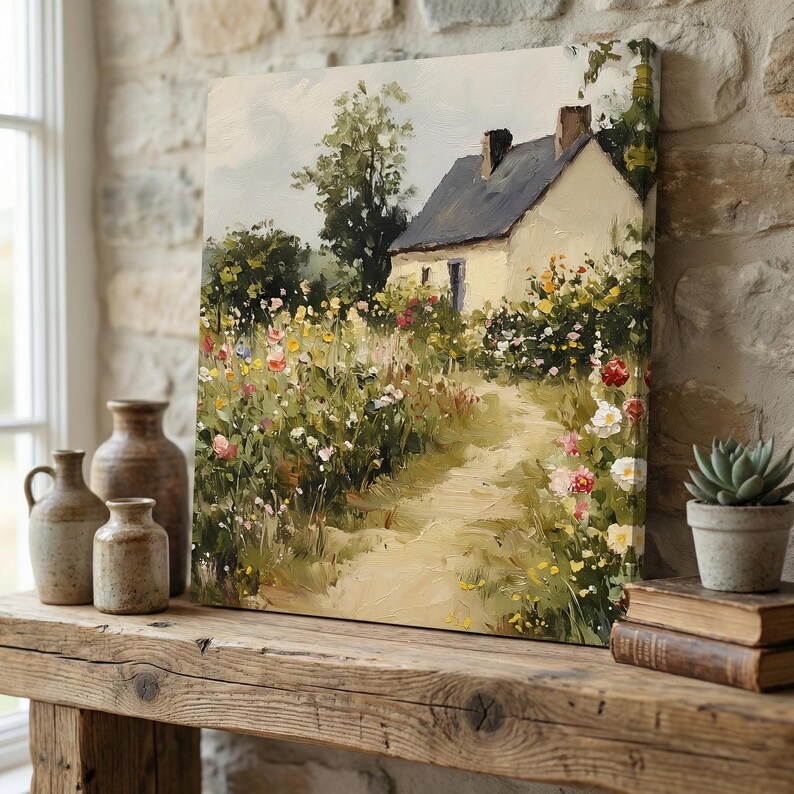 Printable Cottage Garden Wall Art, Spring Floral Landscape Painting ...