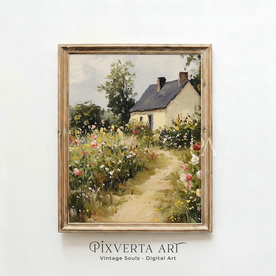 Printable Cottage Garden Wall Art, Spring Floral Landscape Painting ...