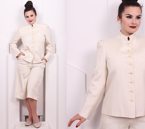 Vintage 1980's Ivory Linen Capri Suit Set • 80's Crea… - Gem