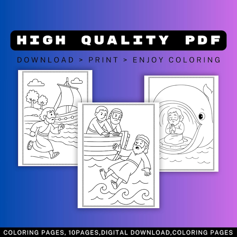 Jonah and the Whale 10 Coloring Pages: Bible Story Activity for Kids ...