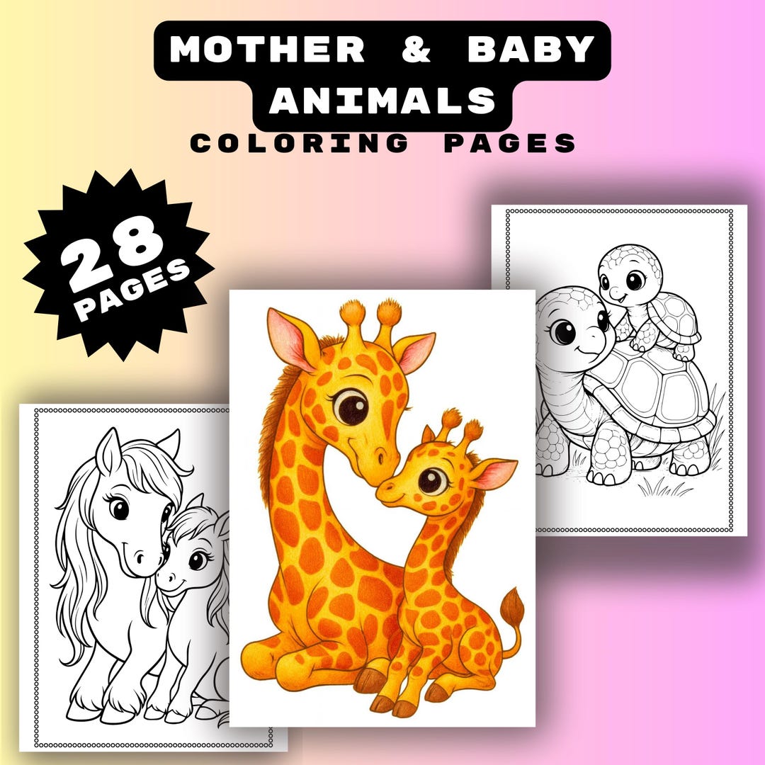 28 Animal Mom and Baby Coloring Pages Bundle for Toddler Kids (digital ...