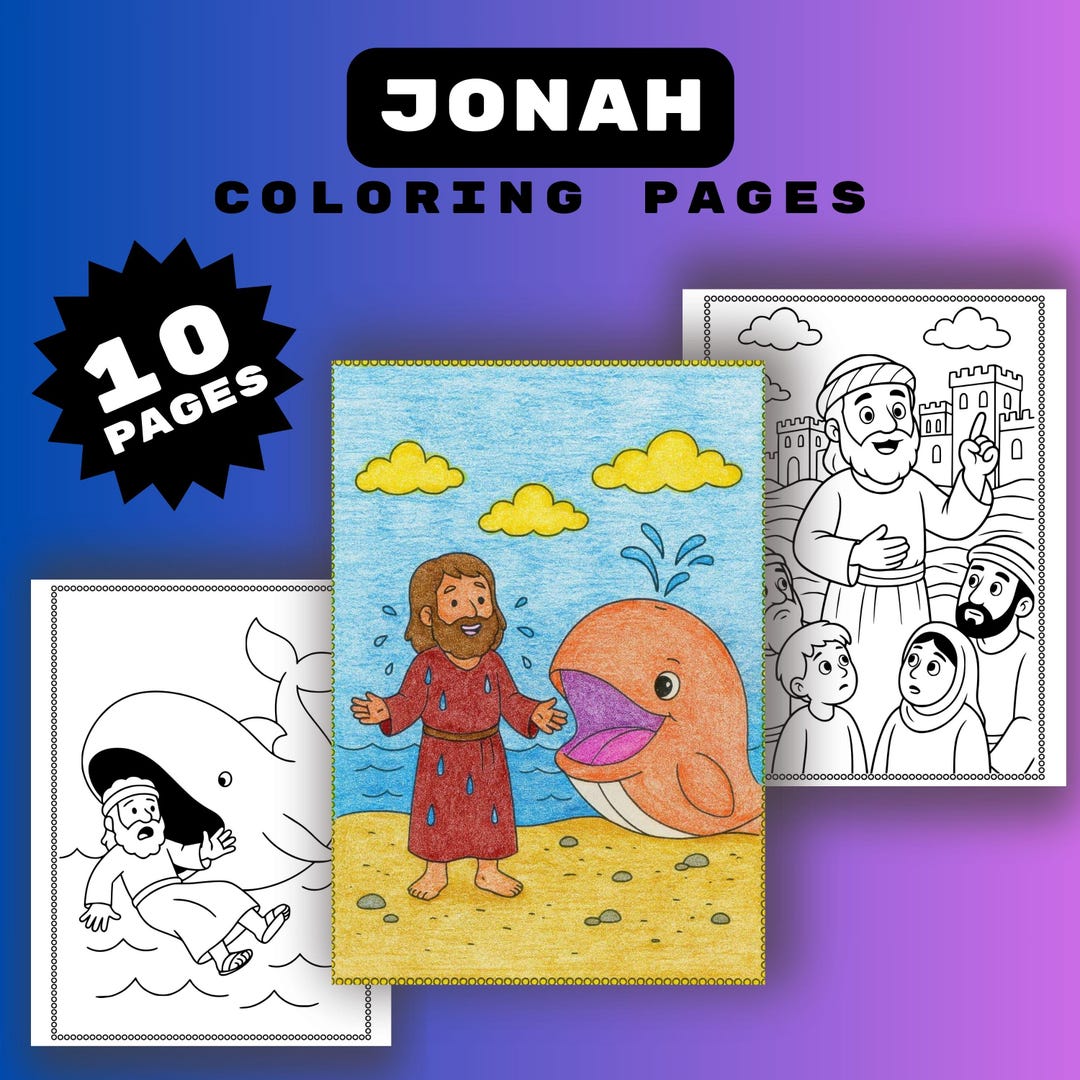Jonah and the Whale 10 Coloring Pages: Bible Story Activity for Kids ...