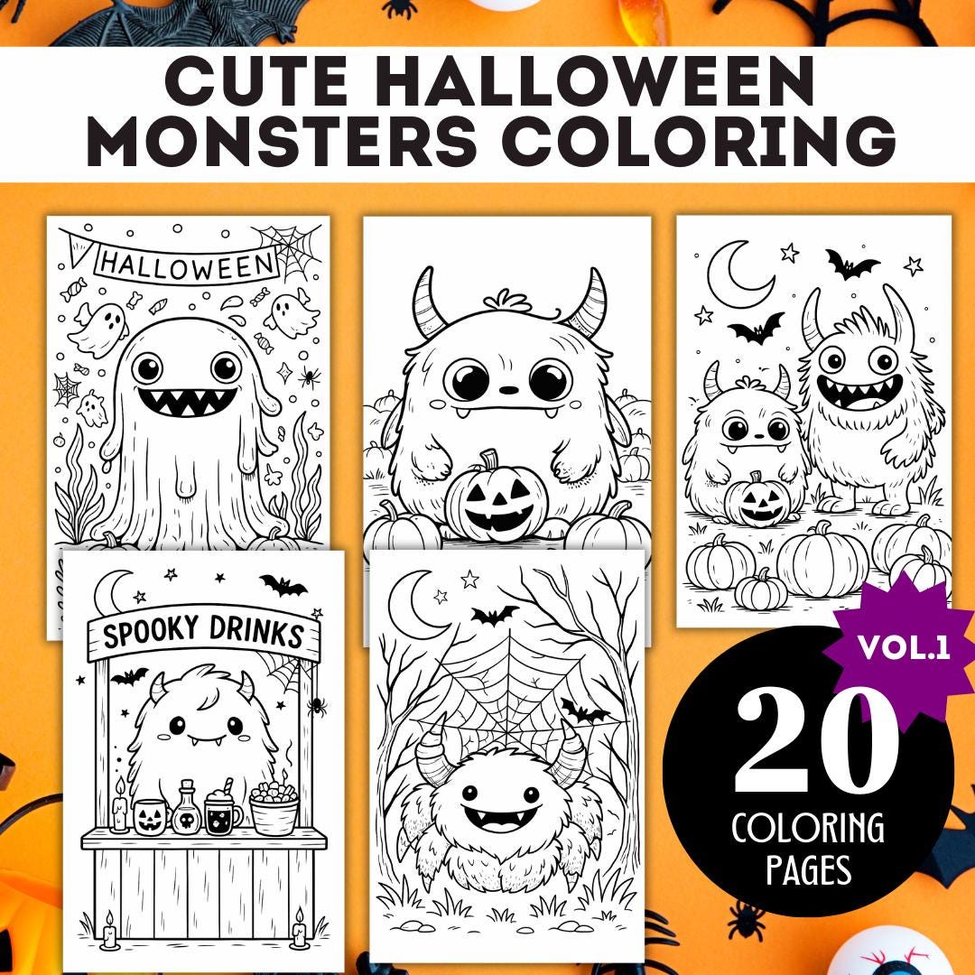 Halloween Coloring Pages: Spooky Kawaii Monsters for Kids - Etsy