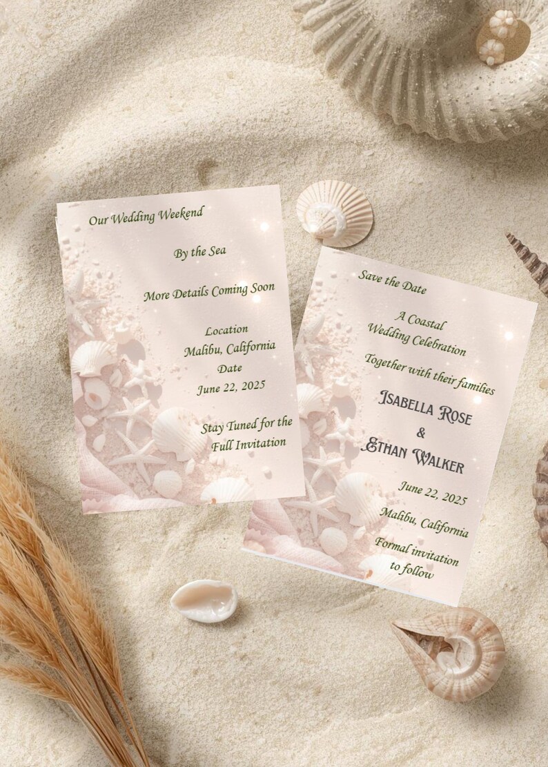 Ocean Olive Pink Beach Wedding Save the Date Template, Evite, Website ...