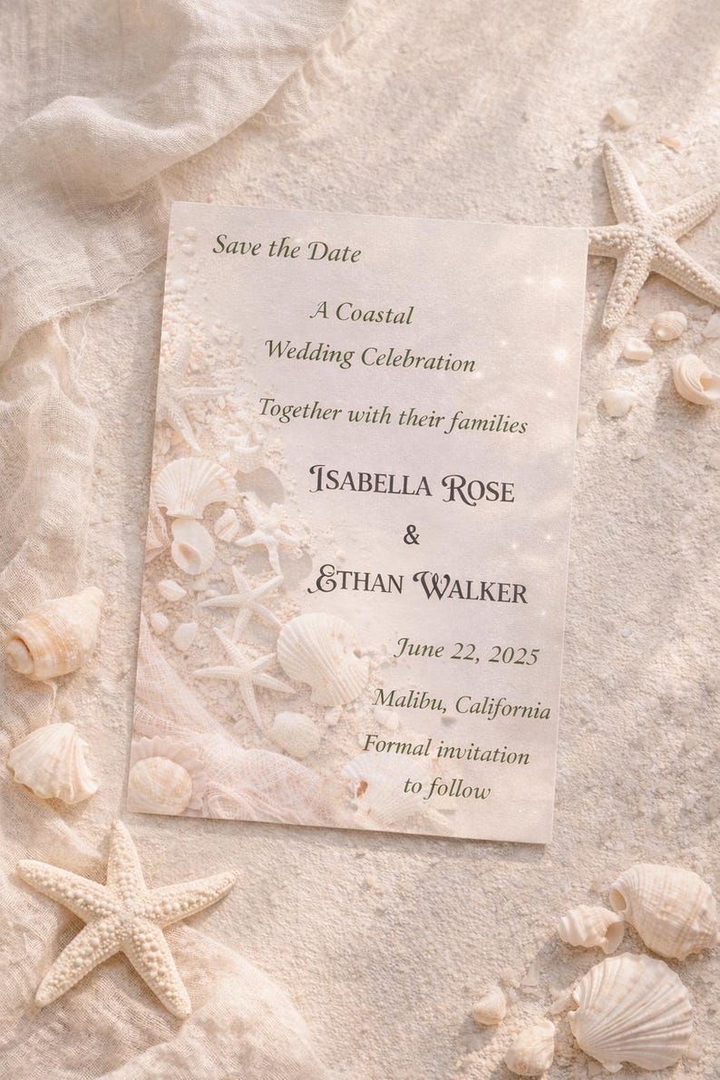 Ocean Olive Pink Beach Wedding Save the Date Template, Evite, Website ...