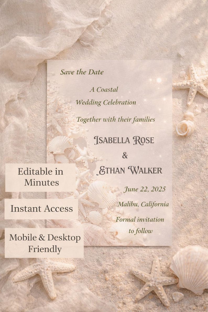 Ocean Olive Pink Beach Wedding Save the Date Template, Evite, Website ...