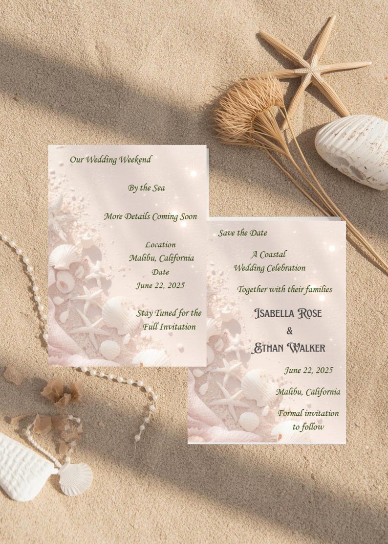 Ocean Olive Pink Beach Wedding Save the Date Template, Evite, Website ...