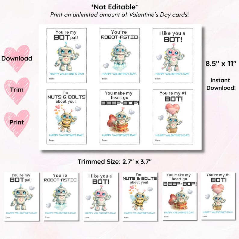 Robot Valentine's Day Cards, Printable Kids Classroom Valentines - Etsy