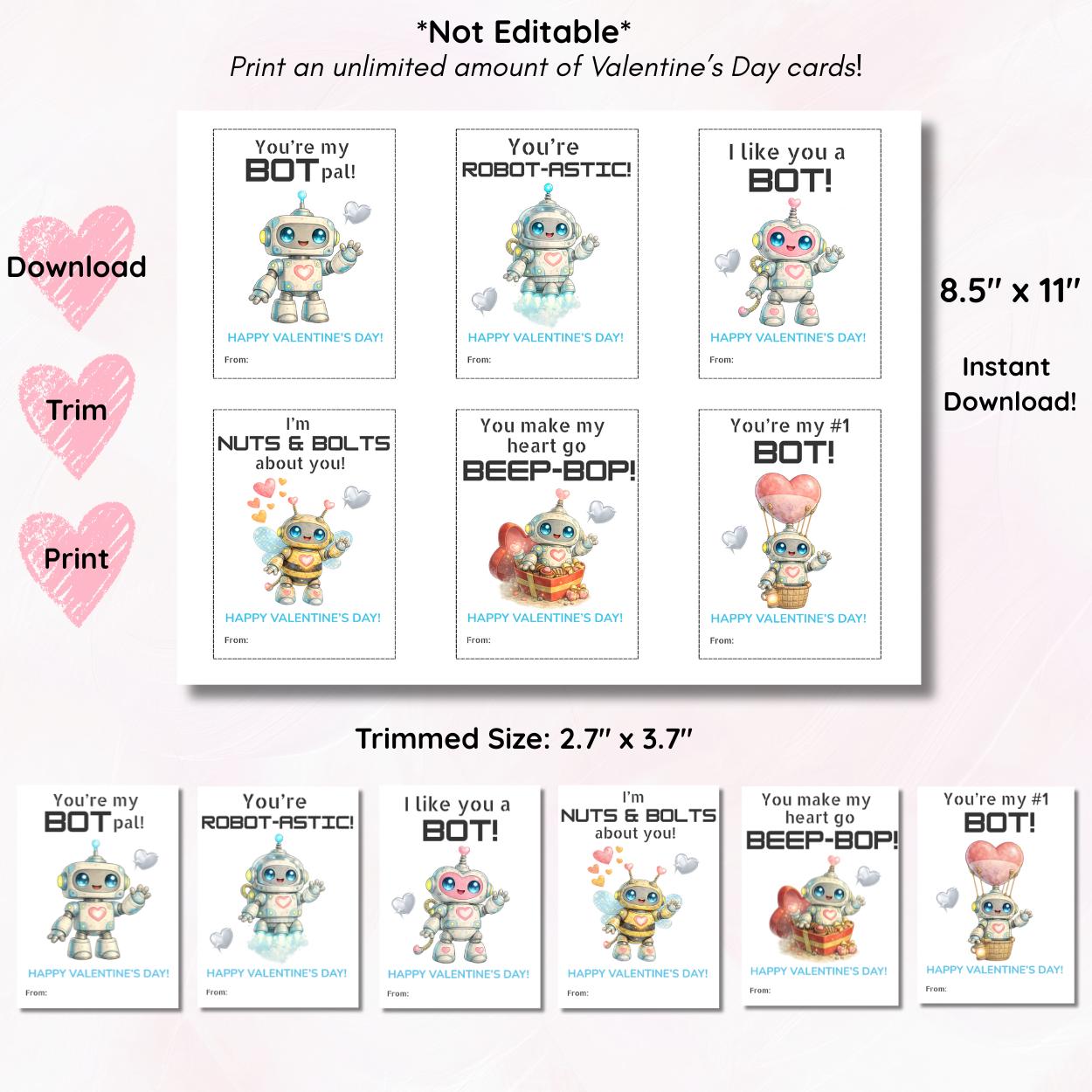 Robot Valentine's Day Cards, Printable Kids Classroom Valentines - Etsy