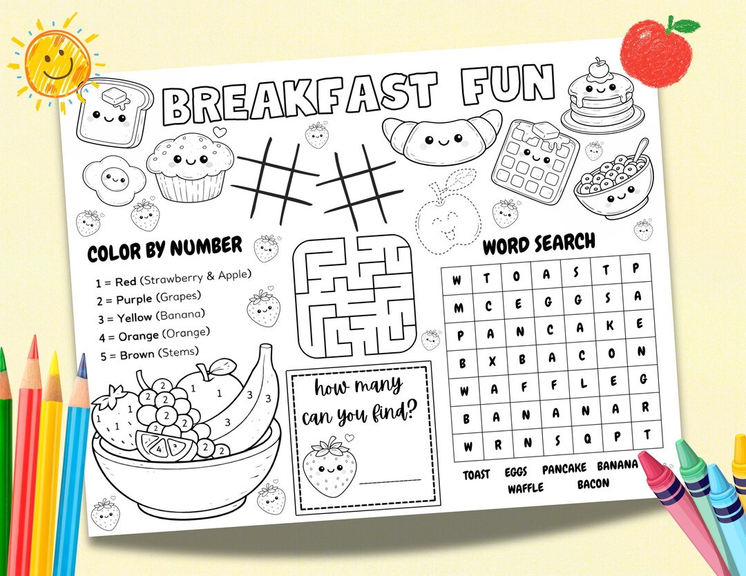 Breakfast Activity Coloring Placemat, Children's Coloring, Meal Time ...
