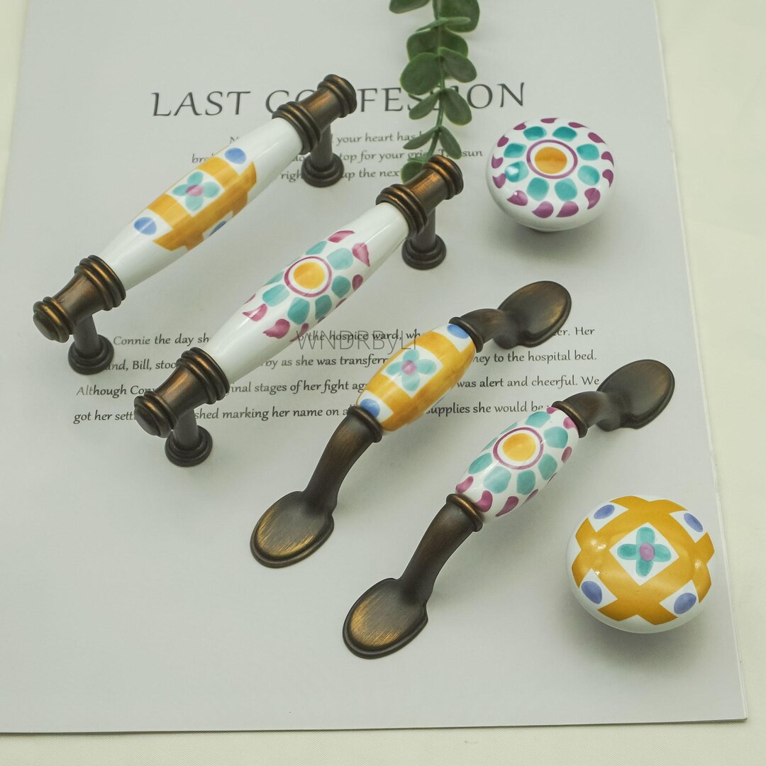 Floral Ceramic Drawer Knobs and Pulls : Retro Brass Cabinet Handles ...