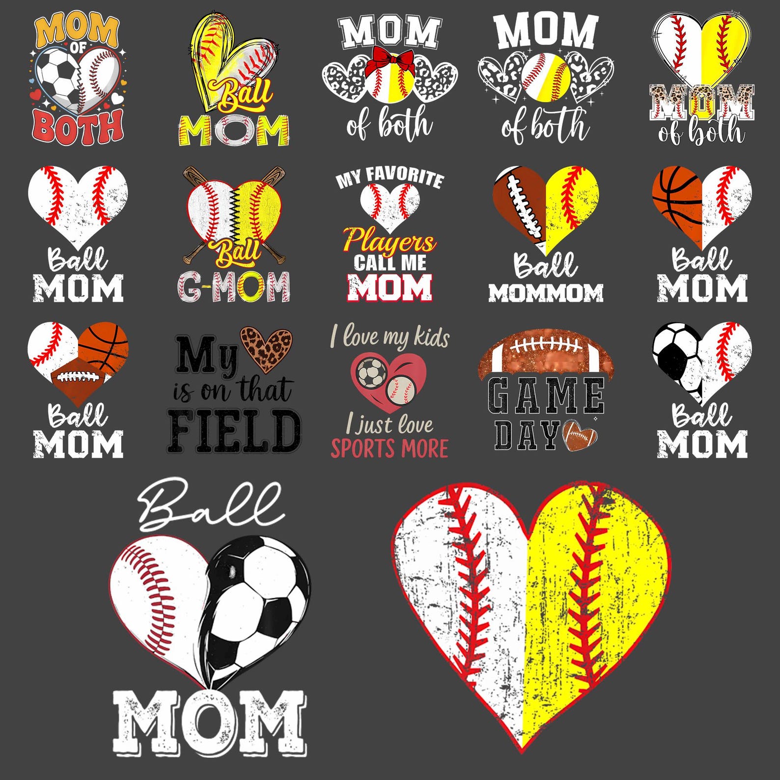 Ball Mom Heart PNG, Baseball Basketball Football Sports Mom Sublimation ...