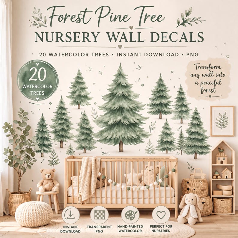 Watercolor Pine Tree Nursery Wall Decals, Woodland Forest Clipart ...