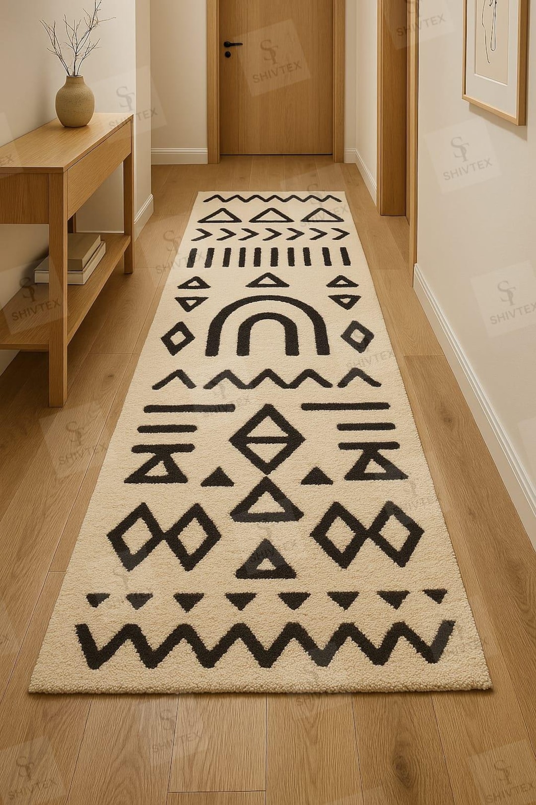 Boho Tribal Geometric Runner – Cream & Black Modern Hallway Rug - Etsy