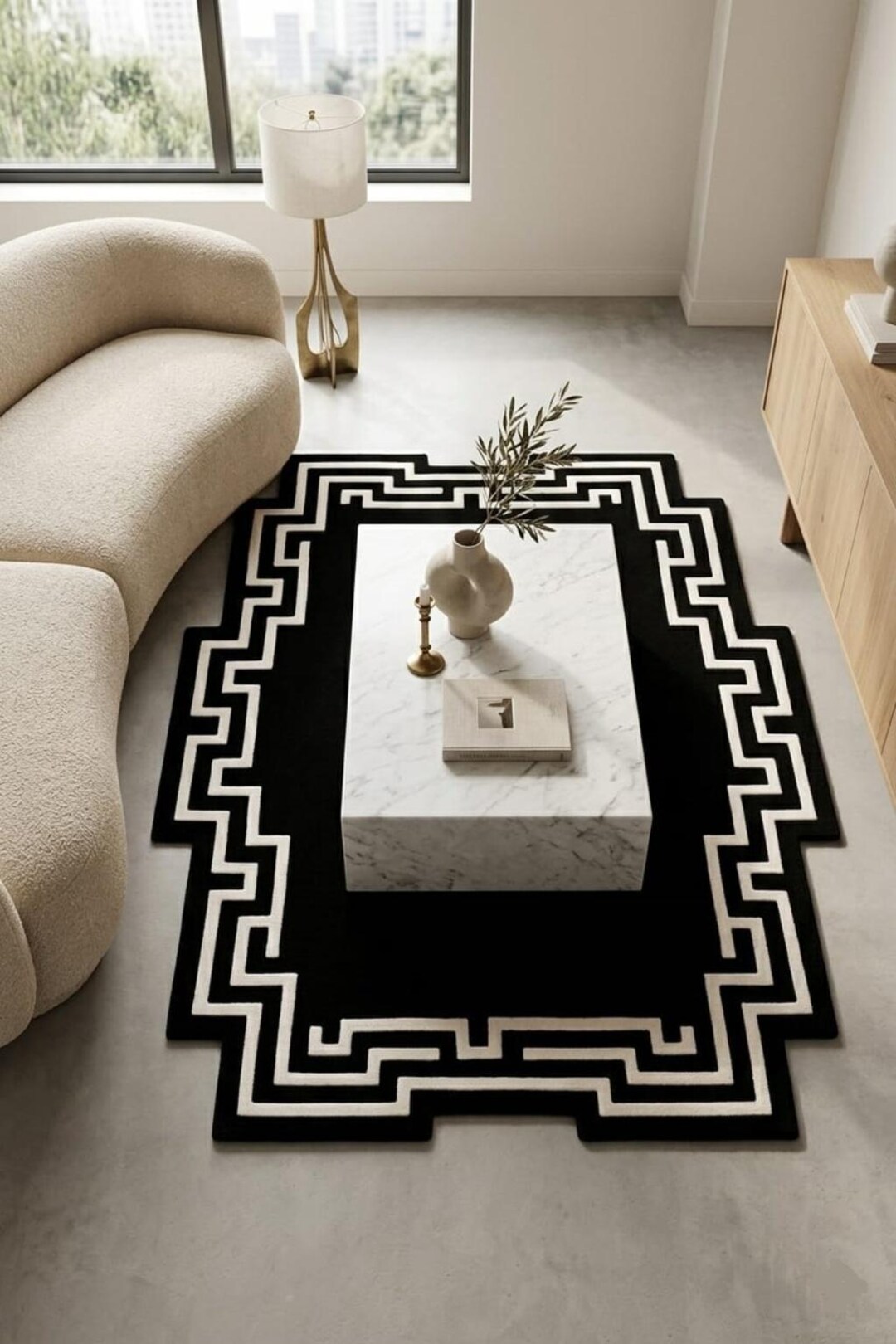Hand-tufted Black Art Deco Rug, Greek Key Border, Irregular Shape Wool ...