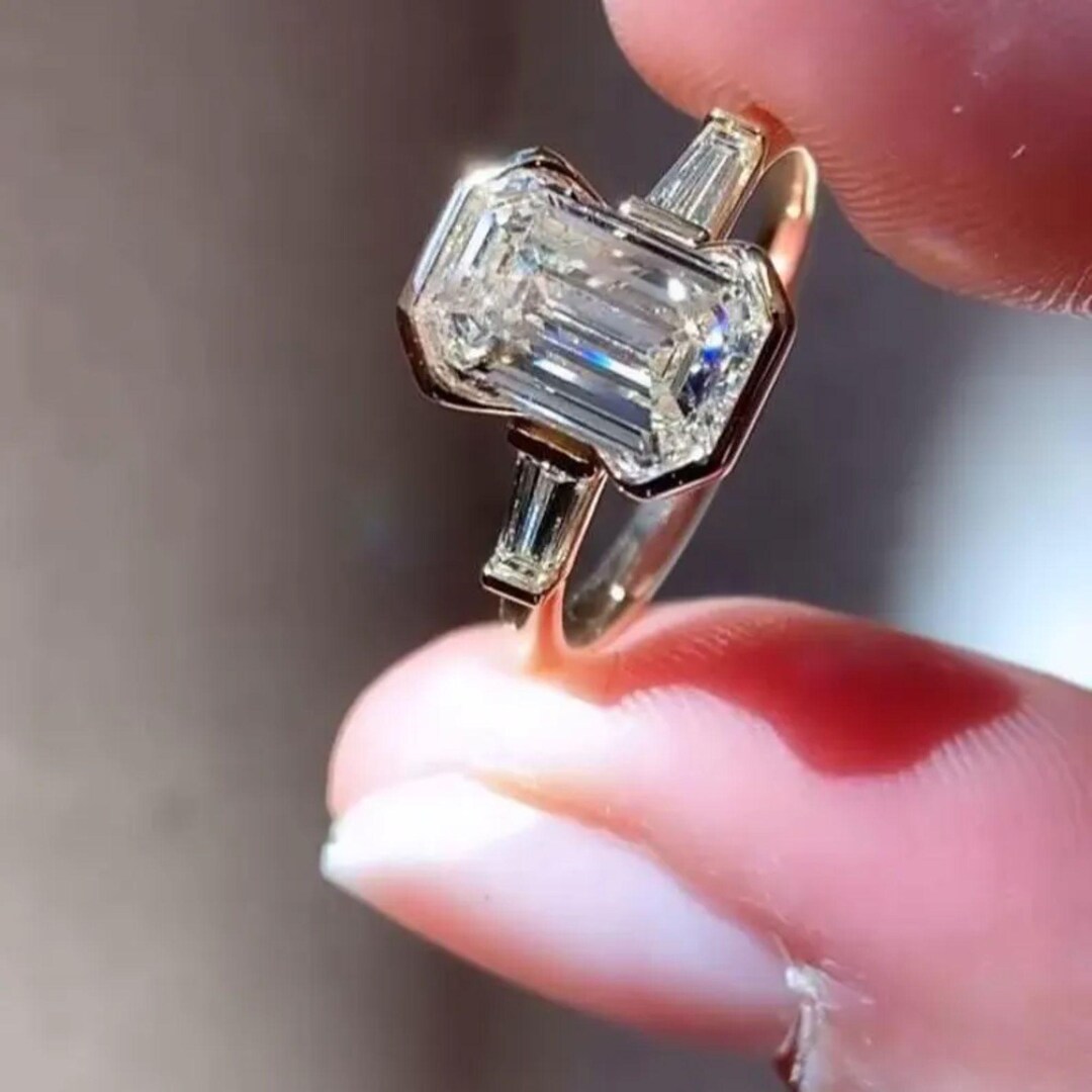 Emerald Cut Three Stone Moissanite Engagement Ring, Emerald Cut Half ...