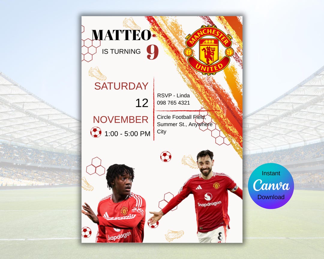 Manchester United Football Invitation: Customizable Man United Soccer ...