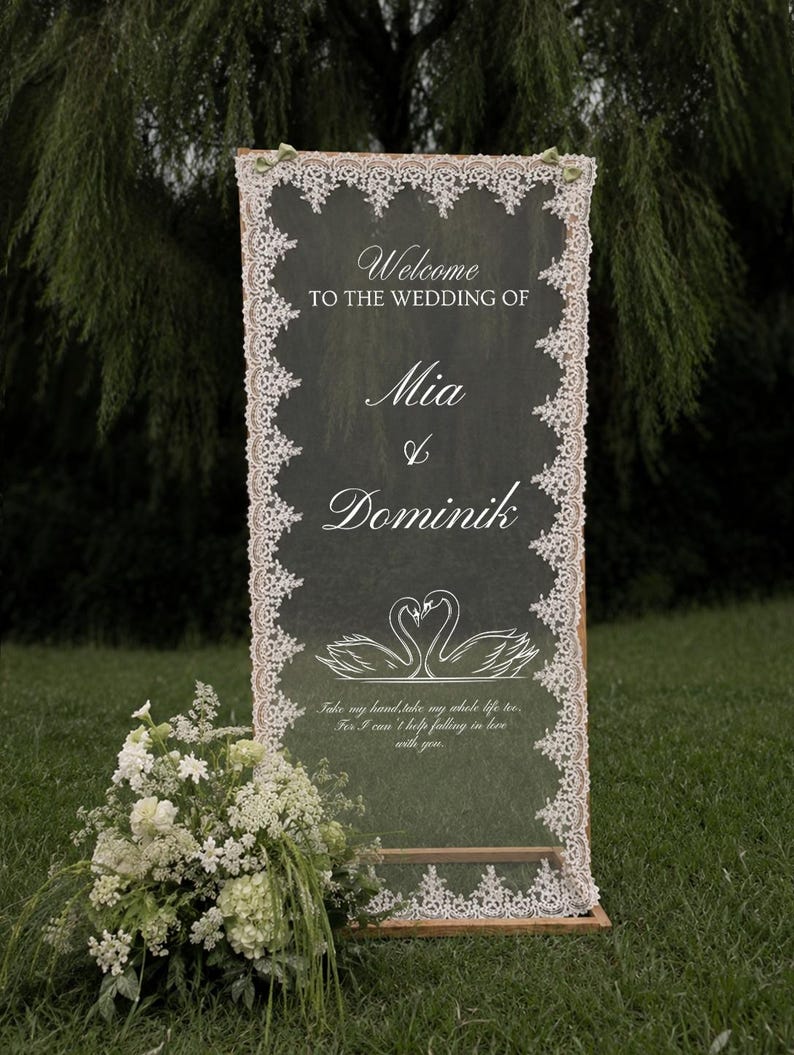 Romantic Wedding Welcome Sign With Swans, Lace Sheer Fabric Sign ...