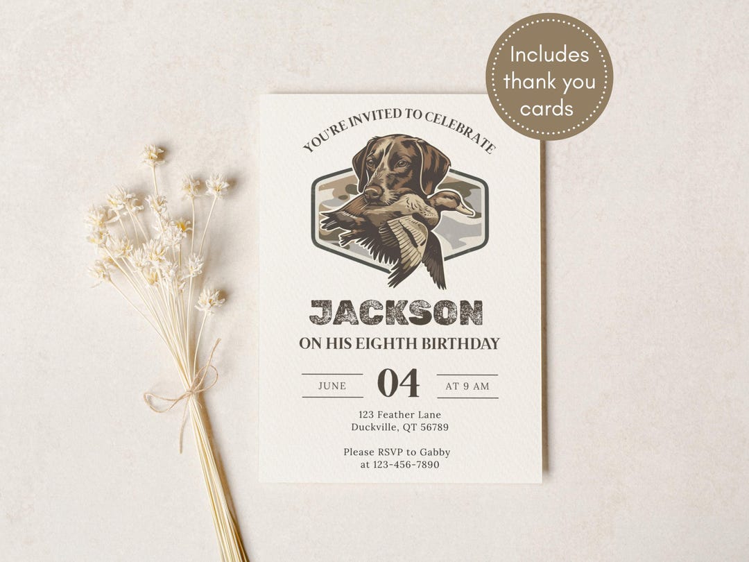Duck Hunting Birthday Invitation | GSP Bird Dog Invite | Boho Camo ...