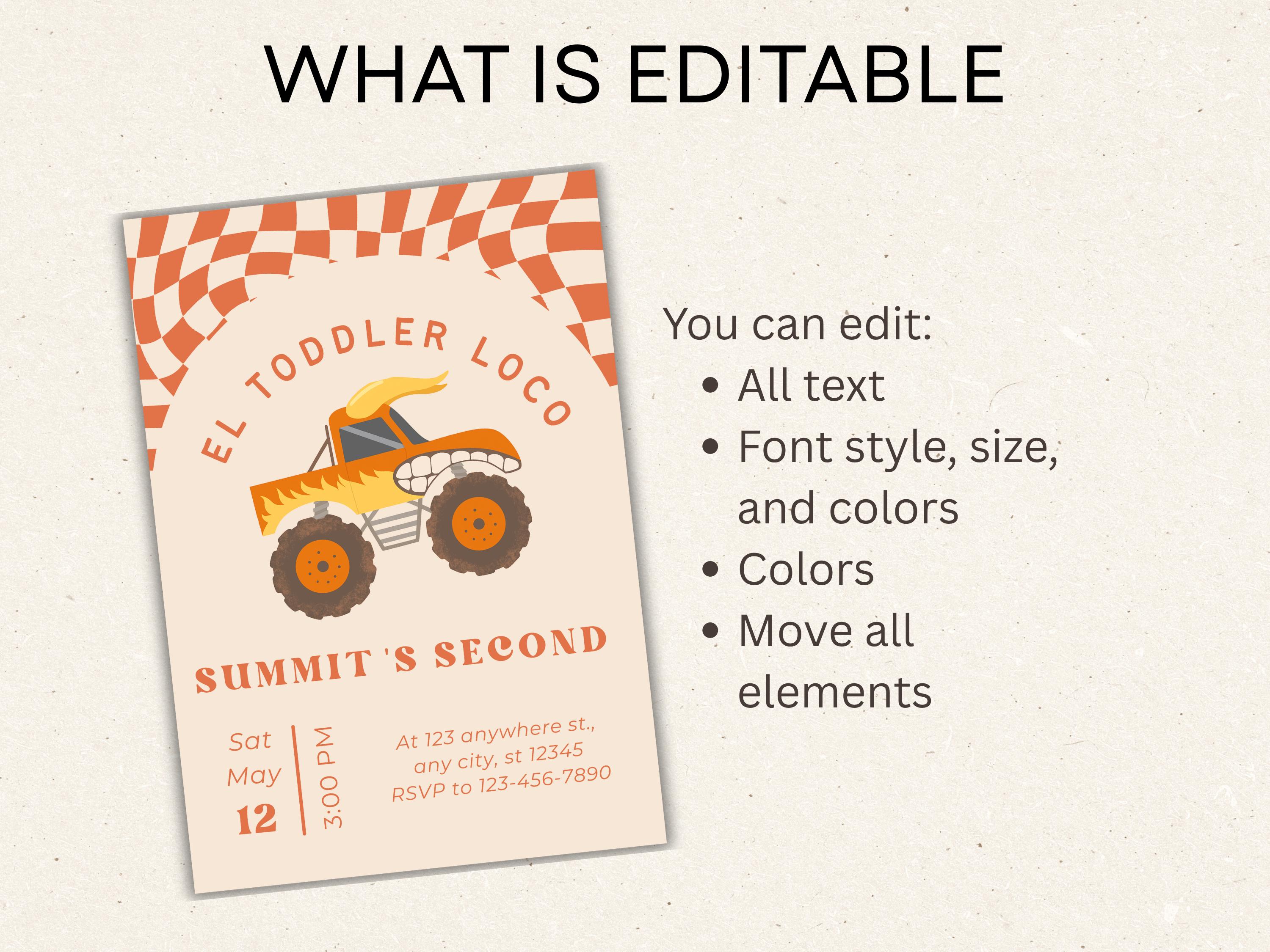 El Toddler Loco Birthday Invitation | Editable Monster Truck Party ...