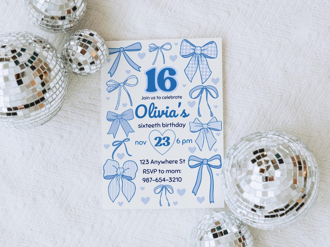 Teen Birthday Invitation | Teenage Trendy Bow Blue Coquette Invite ...