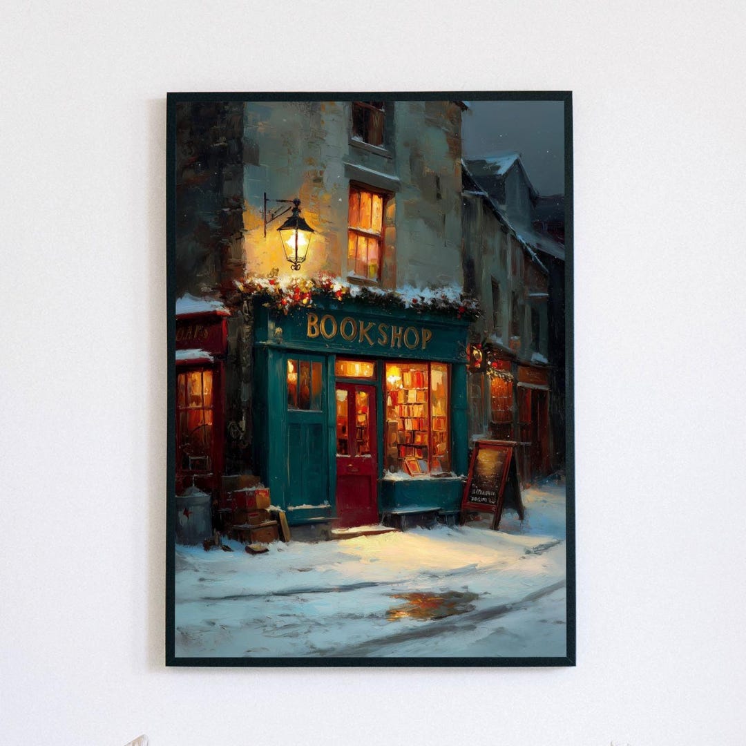 Winter Bookshop Wall Art Print: Snowy Décor, Cozy Winter Bookstore ...