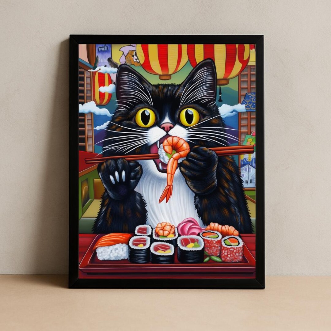 Sushi Night With a Tuxedo Cat Print: Wall Art, Wall Decor, Japanese ...