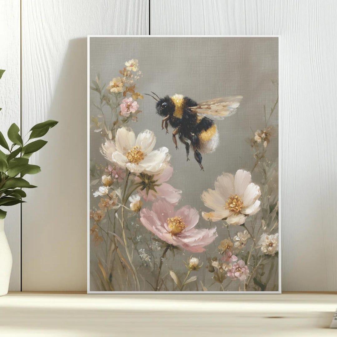 Hovering Bee Floral Wall Art: Oil Paint Styled Soft Wildflowers Print ...