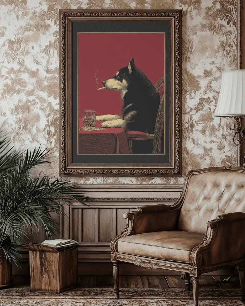 Siberian Husky Wall Art: Gentlemen Dark Red Whiskey and Poker Cards ...
