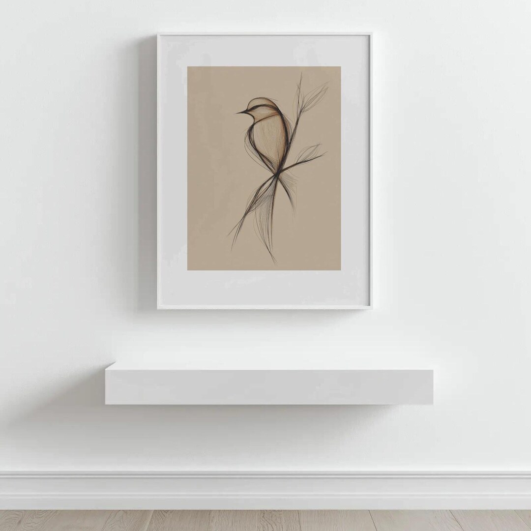 Minimalist Robin on Branch Line Art Print: Simple Bird Modern Drawing ...