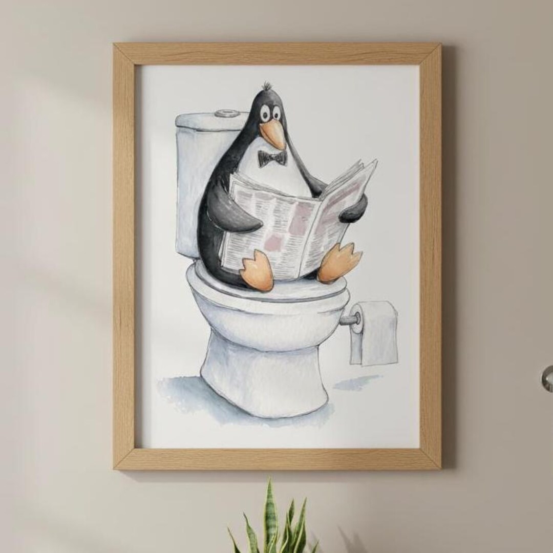 Funny Penguin Toilet Print: Reading Newspaper, Quirky Animal Wall Art ...