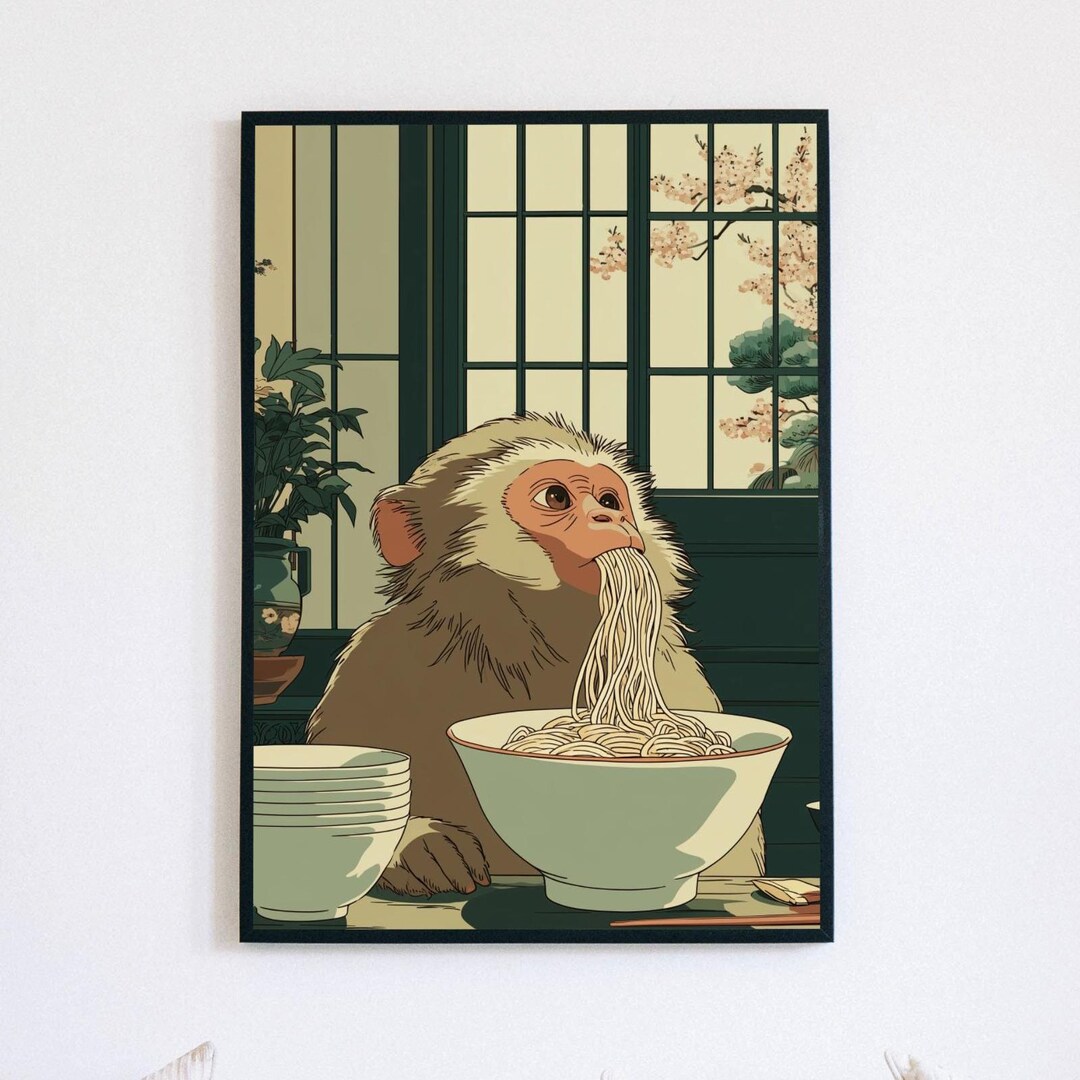 Macaque Scoffing Ramen Noodles: Cute Snow Monkey Print - Etsy