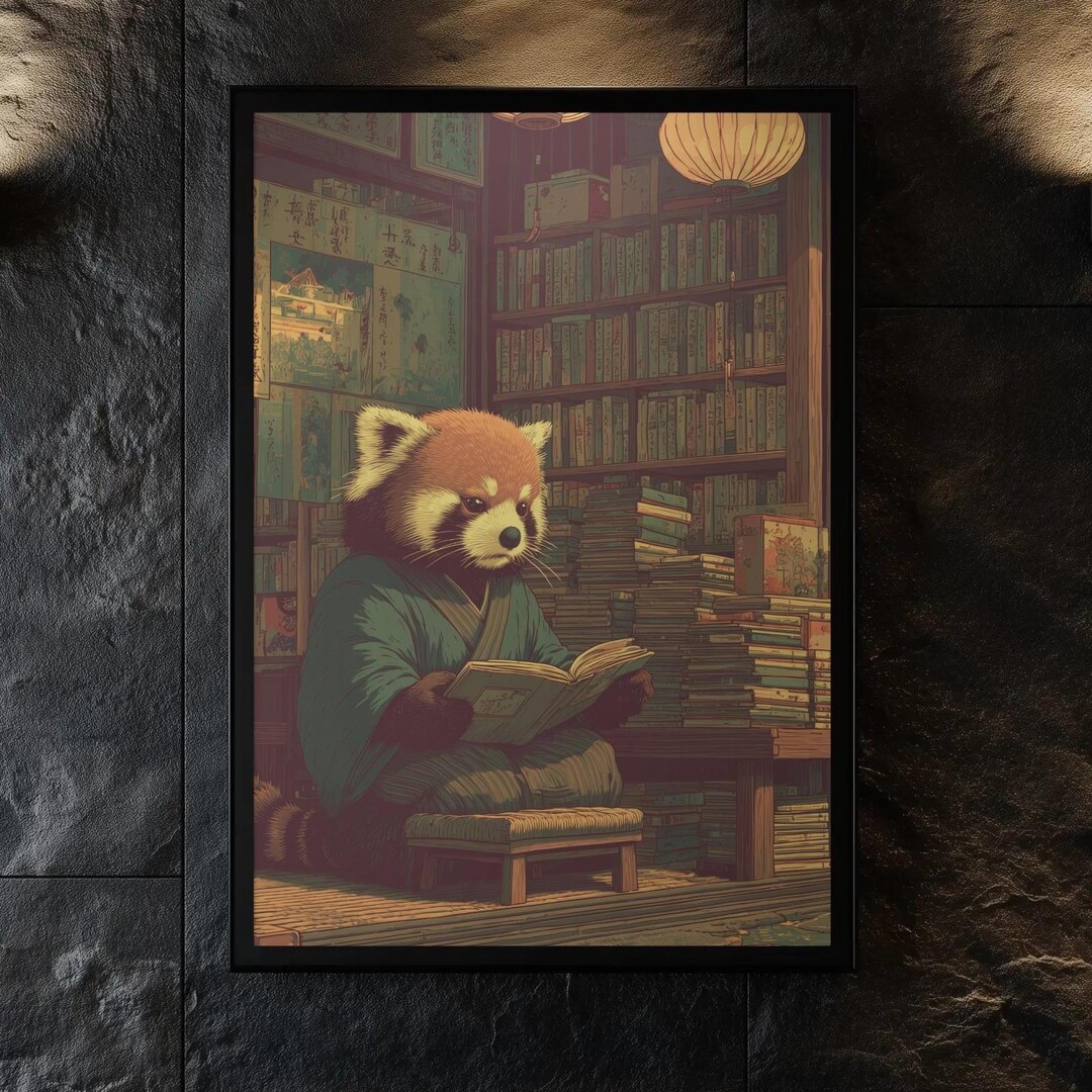 Red Panda Reading in Book Shop: Traditional Japanese Print - Etsy