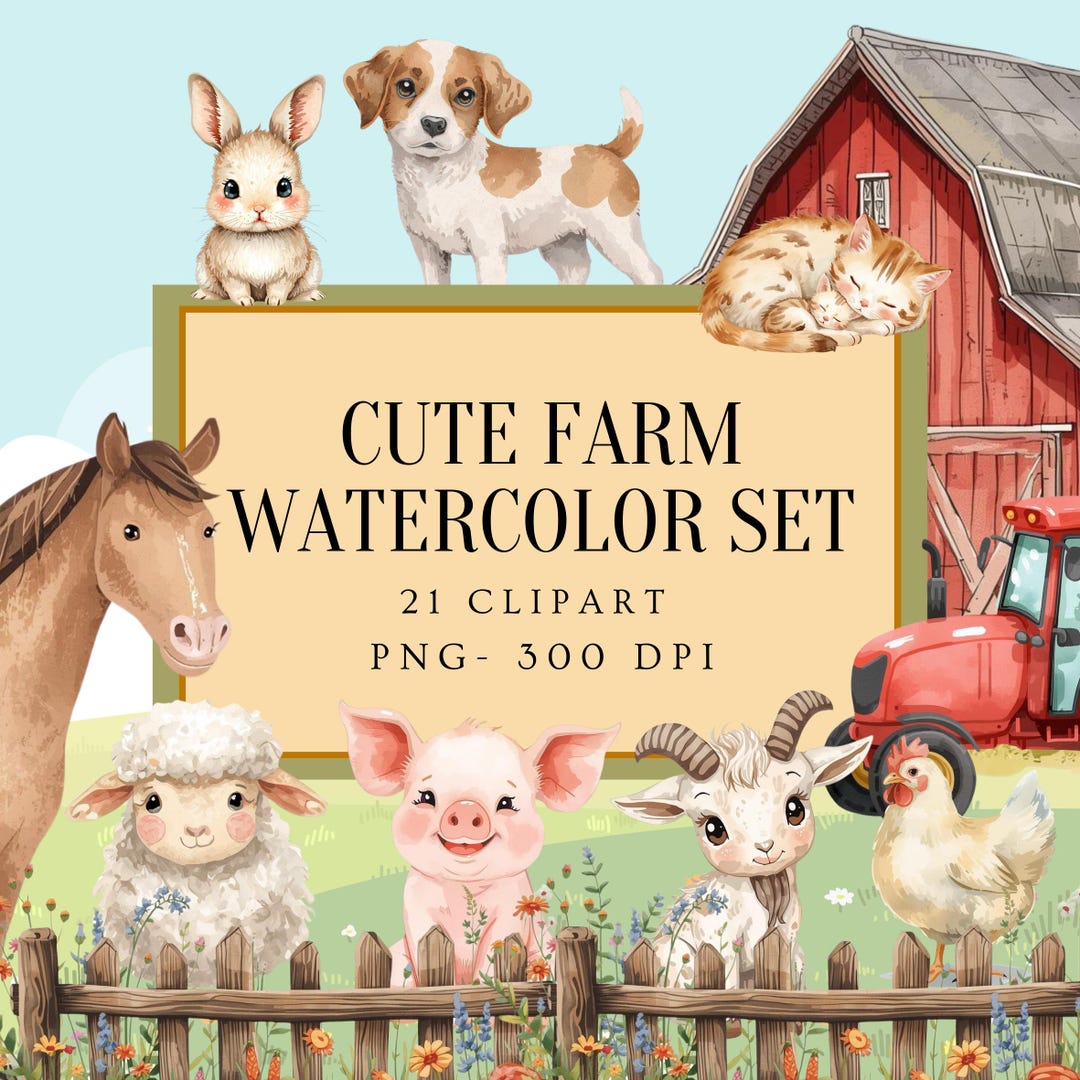 Watercolor Farm Animals Clipart, Nursery PNG Set (digital Download) - Etsy