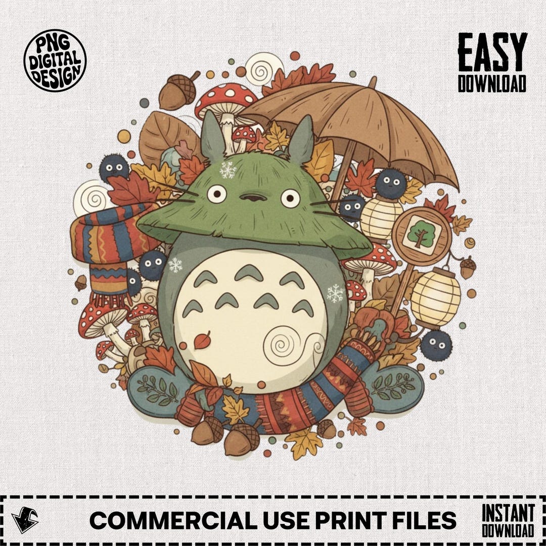 Totoro Autumn Clipart, Cozy Forest Spirit, Fall Leaves (PNG Digital ...