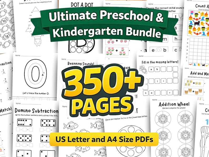 Preschool Kindergarten Learning Bundle, 350+ Activity Worksheets ...