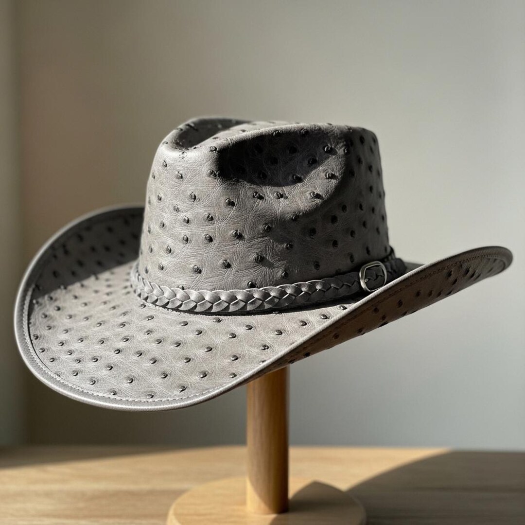 Ostrich Embossed Leather Cowboy Hat – Handmade Genuine Leather Western ...
