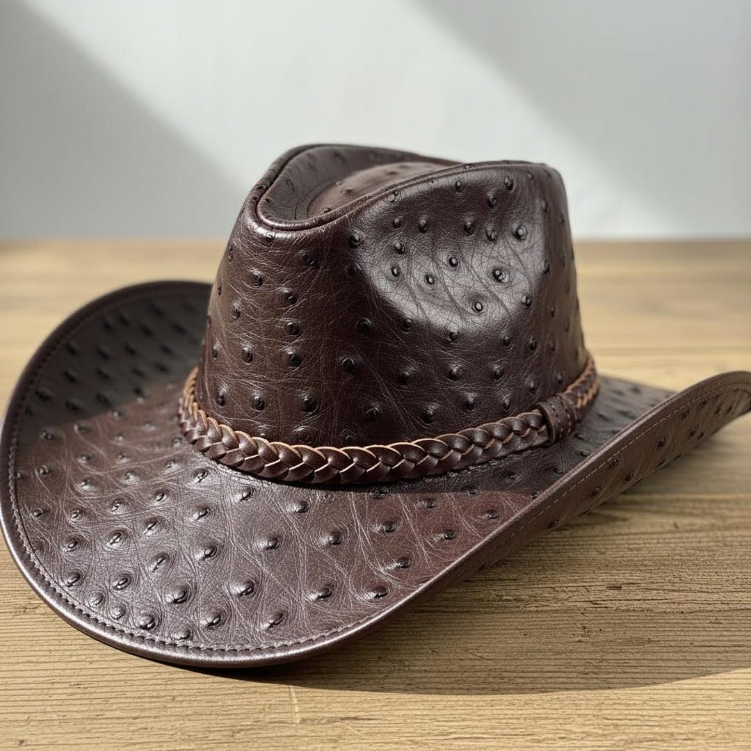 Ostrich Embossed Leather Cowboy Hat – Handmade Genuine Leather Western ...