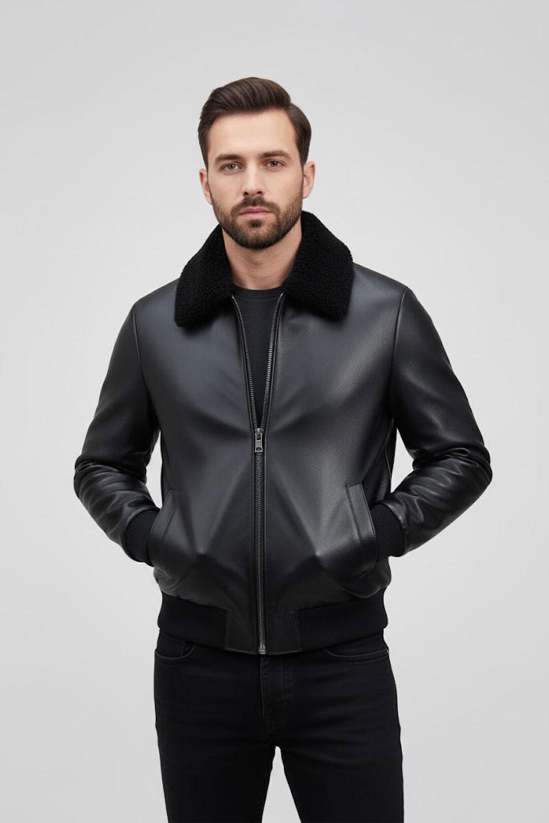Men's Black Leather Bomber Jacket With Sheepskin Shearling Collar ...
